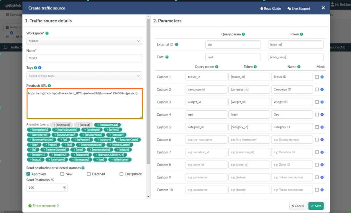 BeMob Tracker Integration in MGID Ads
